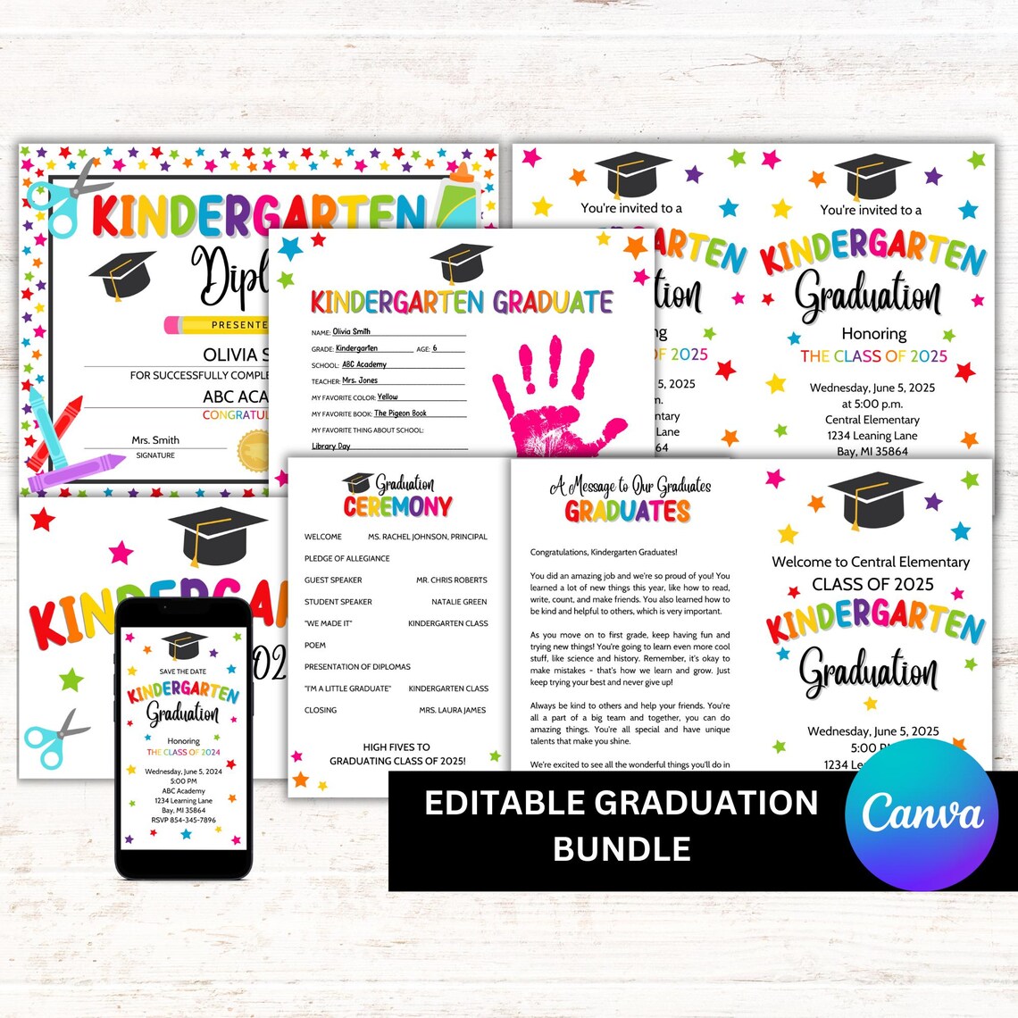 Kindergarten Graduation Bundle - Editable Canva Templates - Program ...
