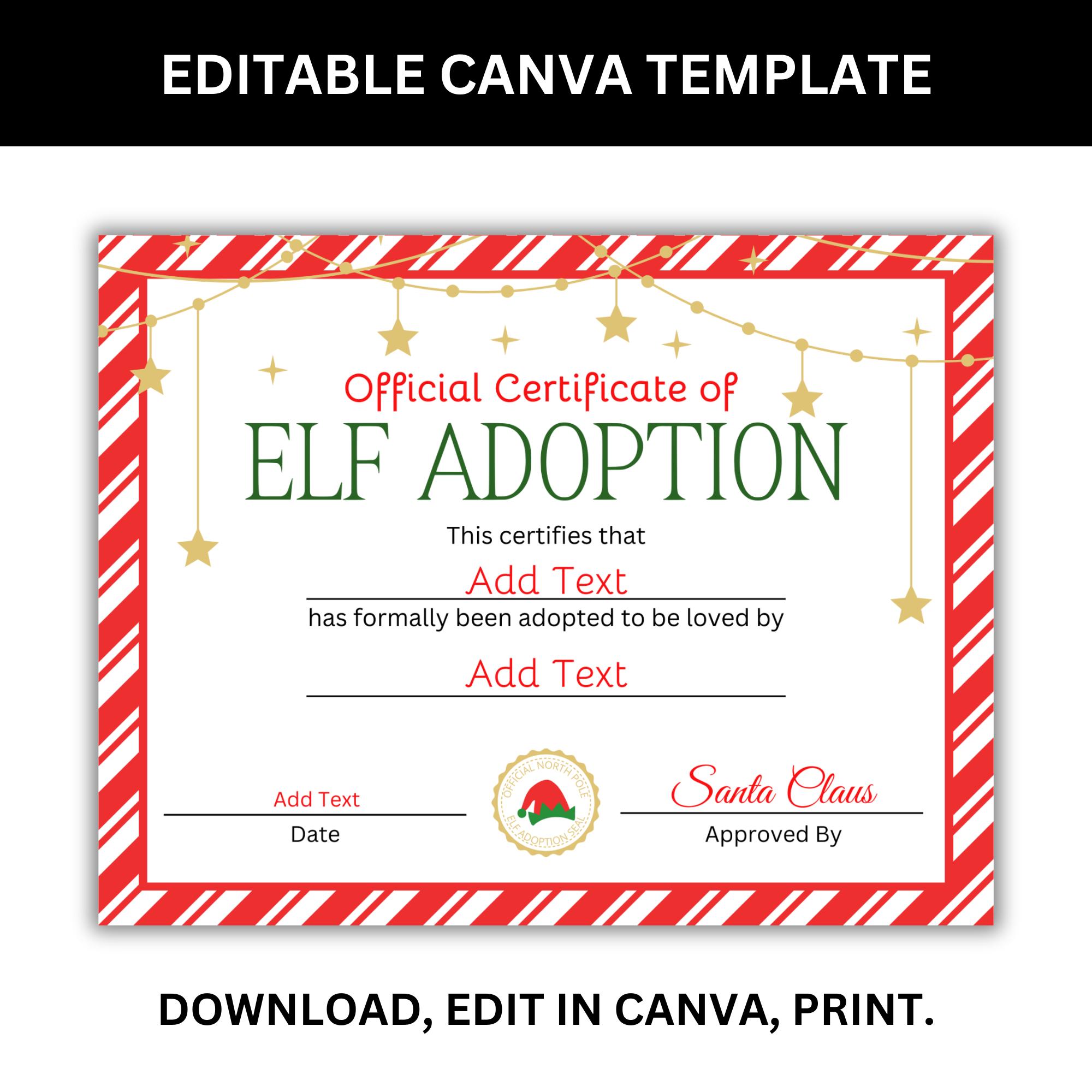 Editable Elf Adoption Certificate: Instant Download PDF, Printable ...