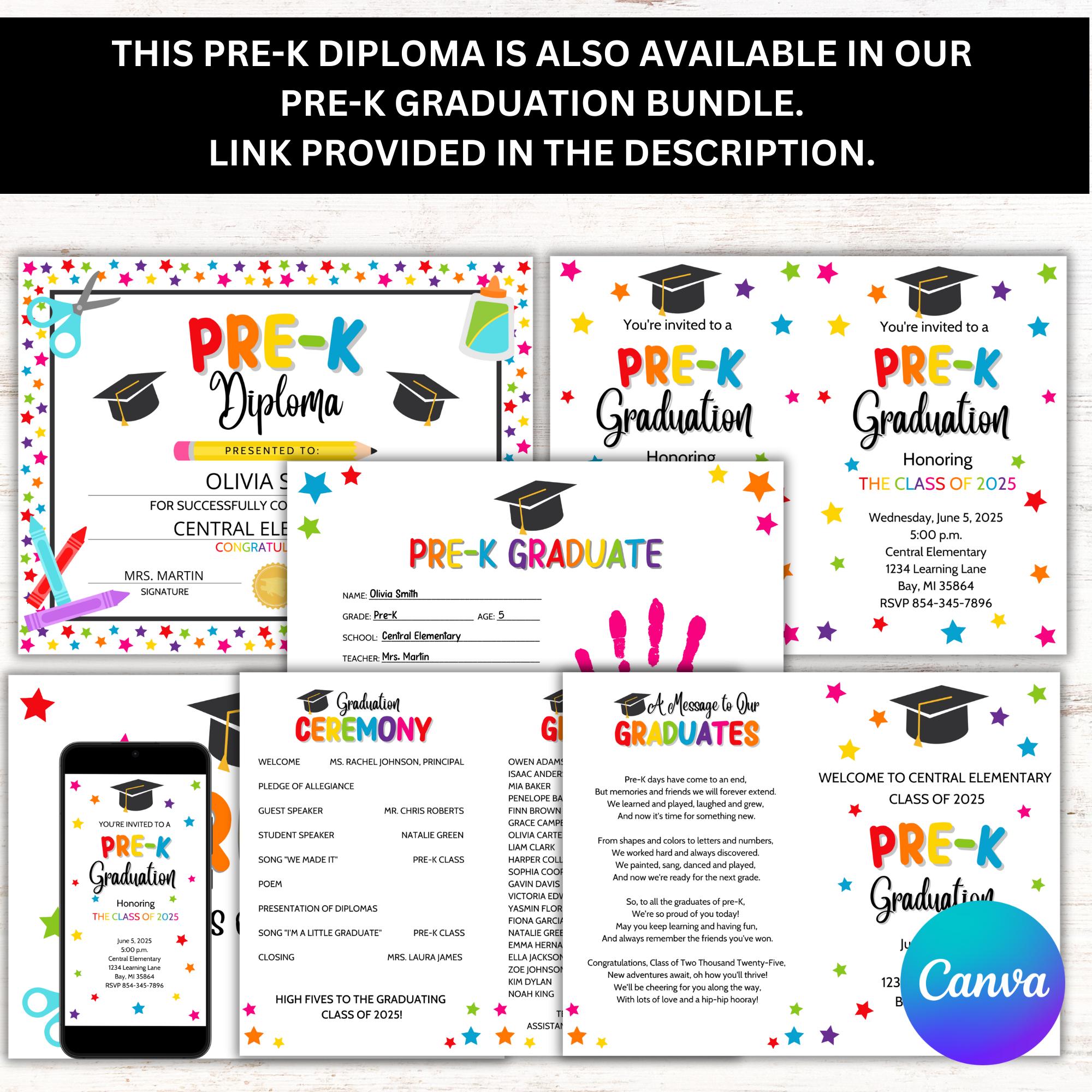 Editable Pre-k Graduation Diploma: Keepsake & Sign (digital Download ...