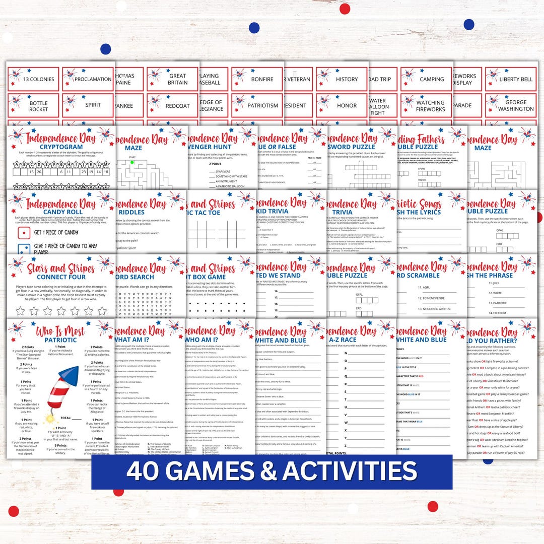 4th of July Games Bundle Printable | 40 Patriotic Games for Kids ...