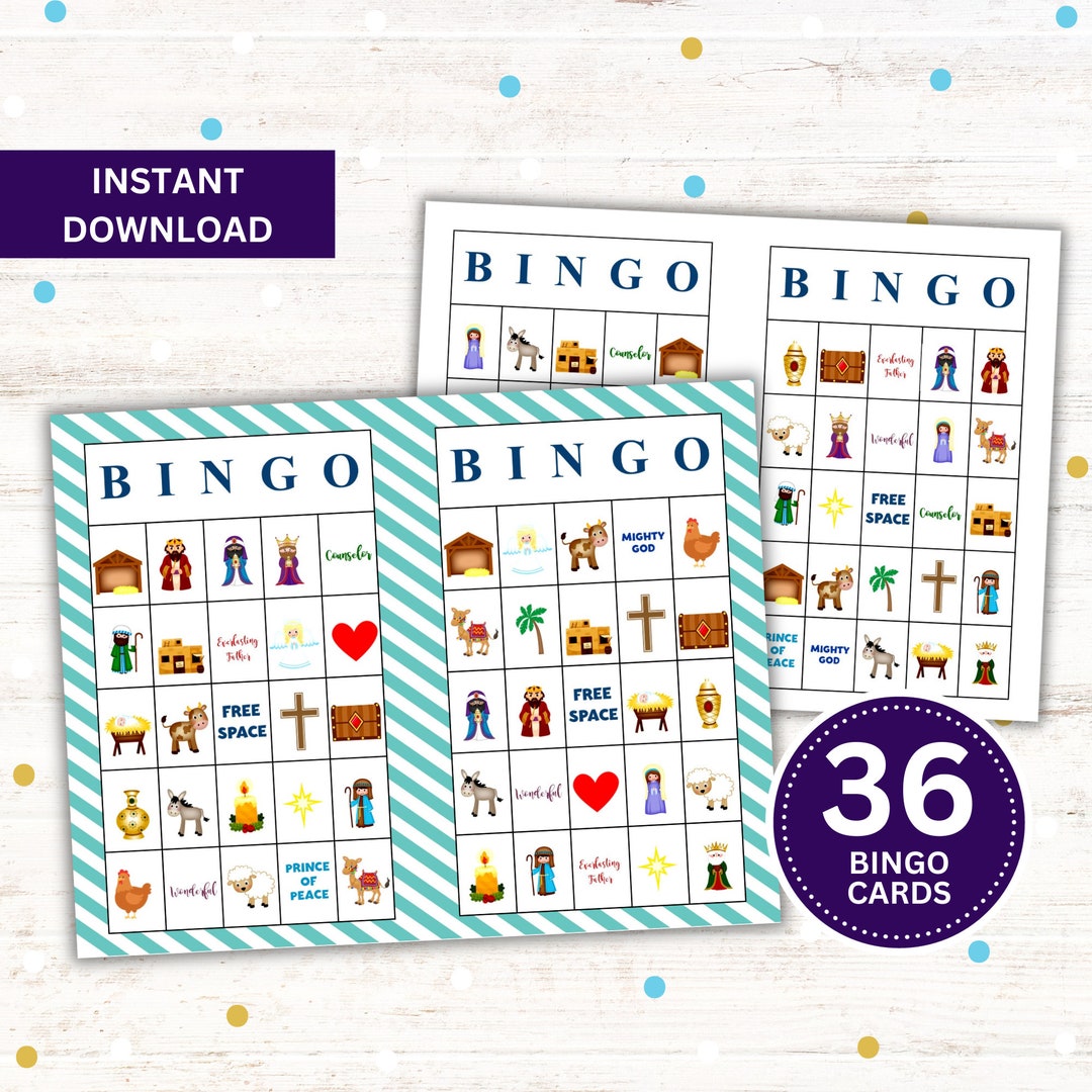 Nativity Bingo Game Printable 36 Unique Cards Sunday School, Christmas ...
