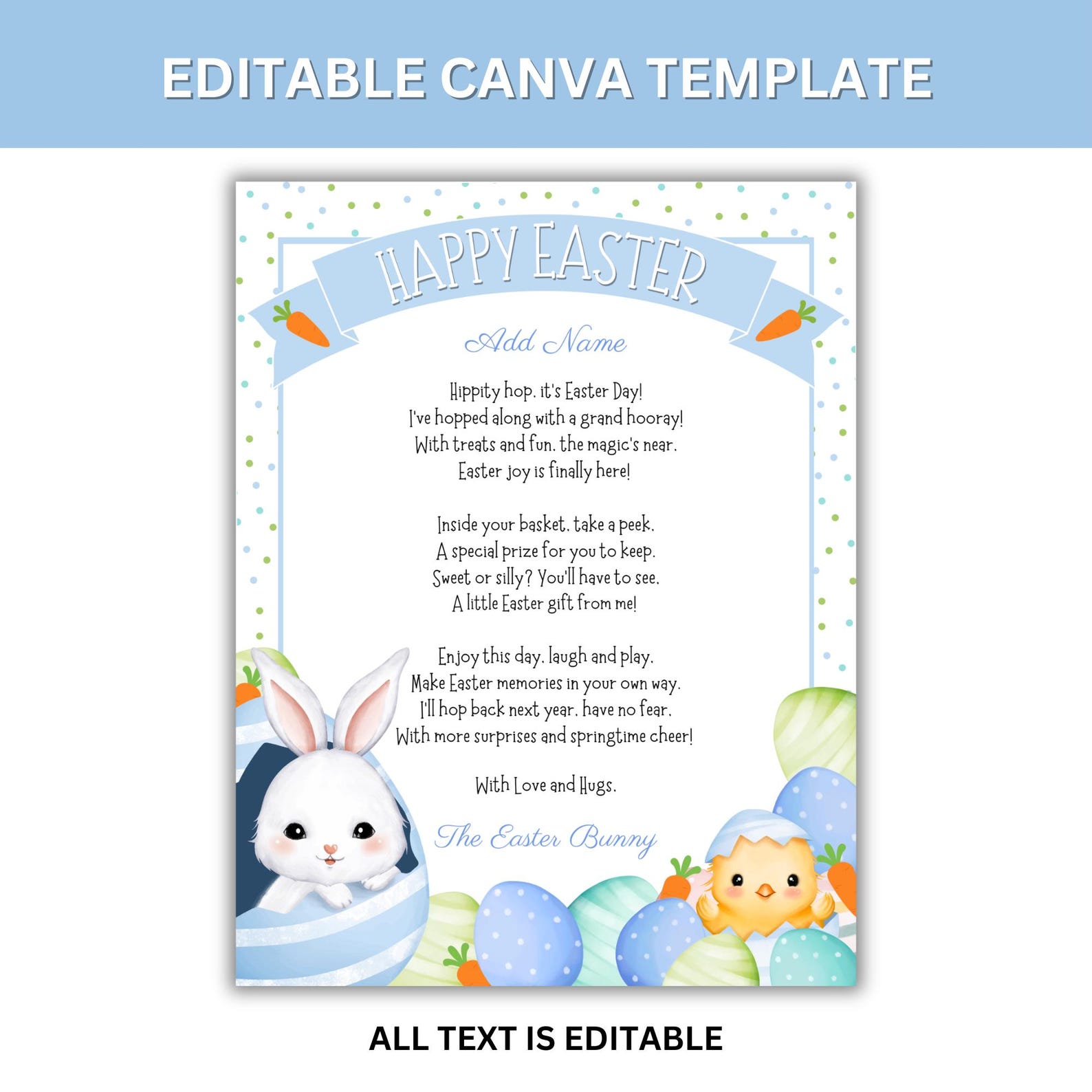 Editable Easter Bunny Letter & Gift Tag - Printable Canva Template (PDF ...