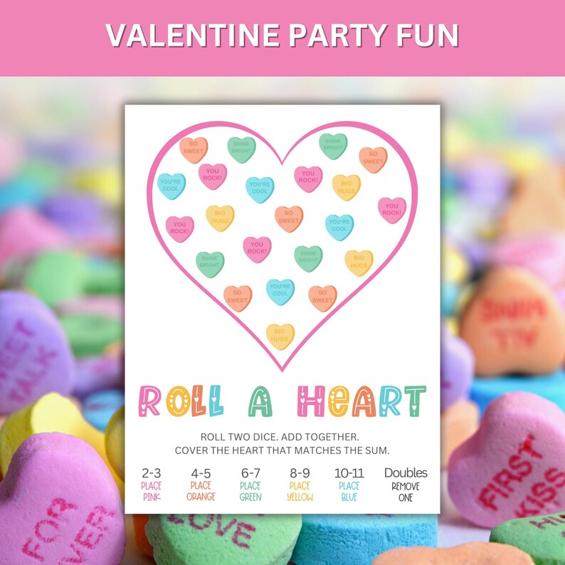 Valentine Roll a Heart Game Printable | Valentine Party Classroom ...