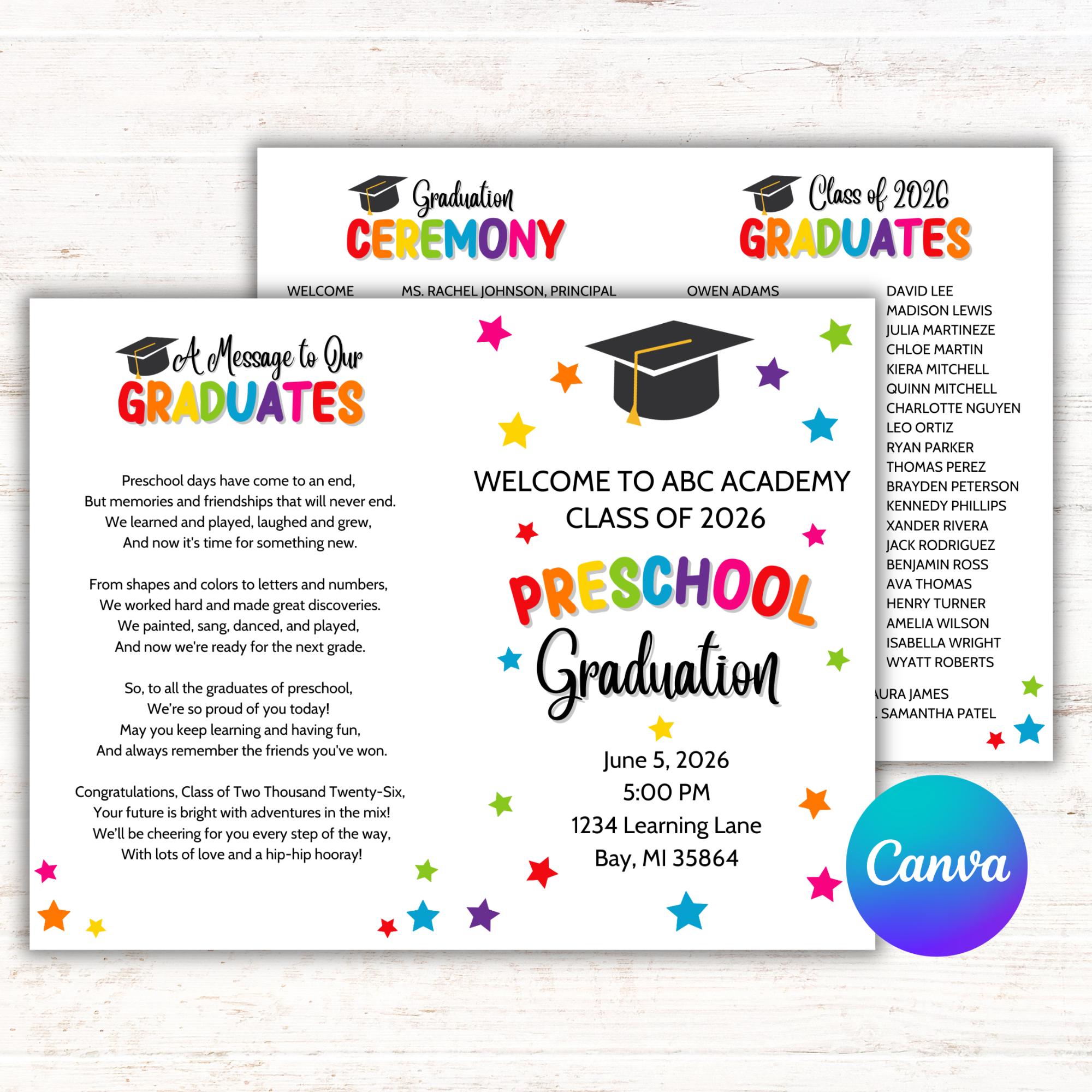 Editable Preschool Graduation Program: Canva Template (instant Download ...