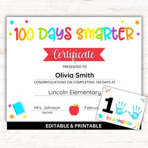 100th Day of School Certificate and Handprint Craft - 100 Days Smarter ...