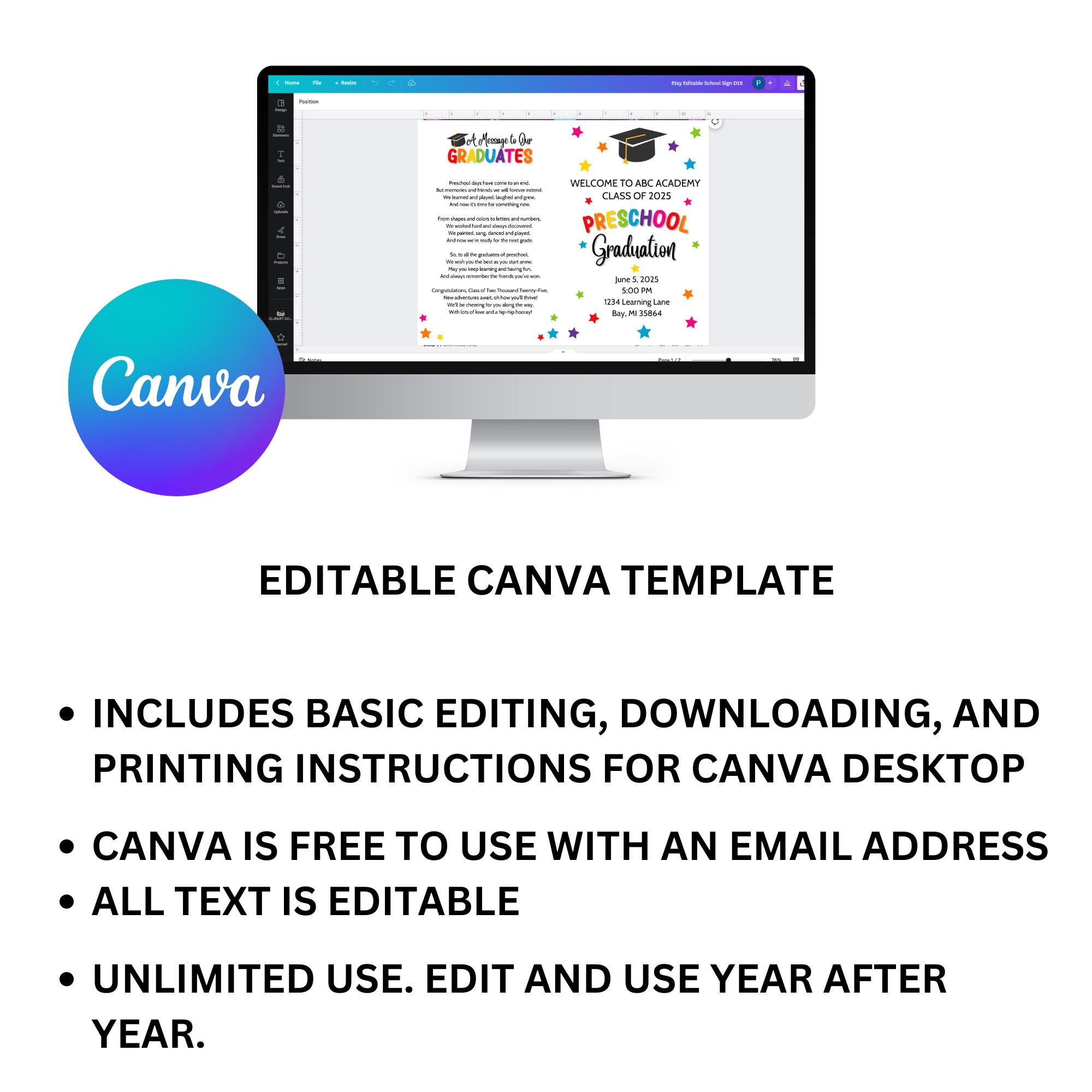 Editable Kindergarten Graduation Program, Canva Template, Instant ...