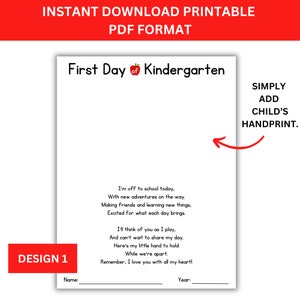 Kindergarten Handprint Art: First Day Keepsake Poem (digital Download ...