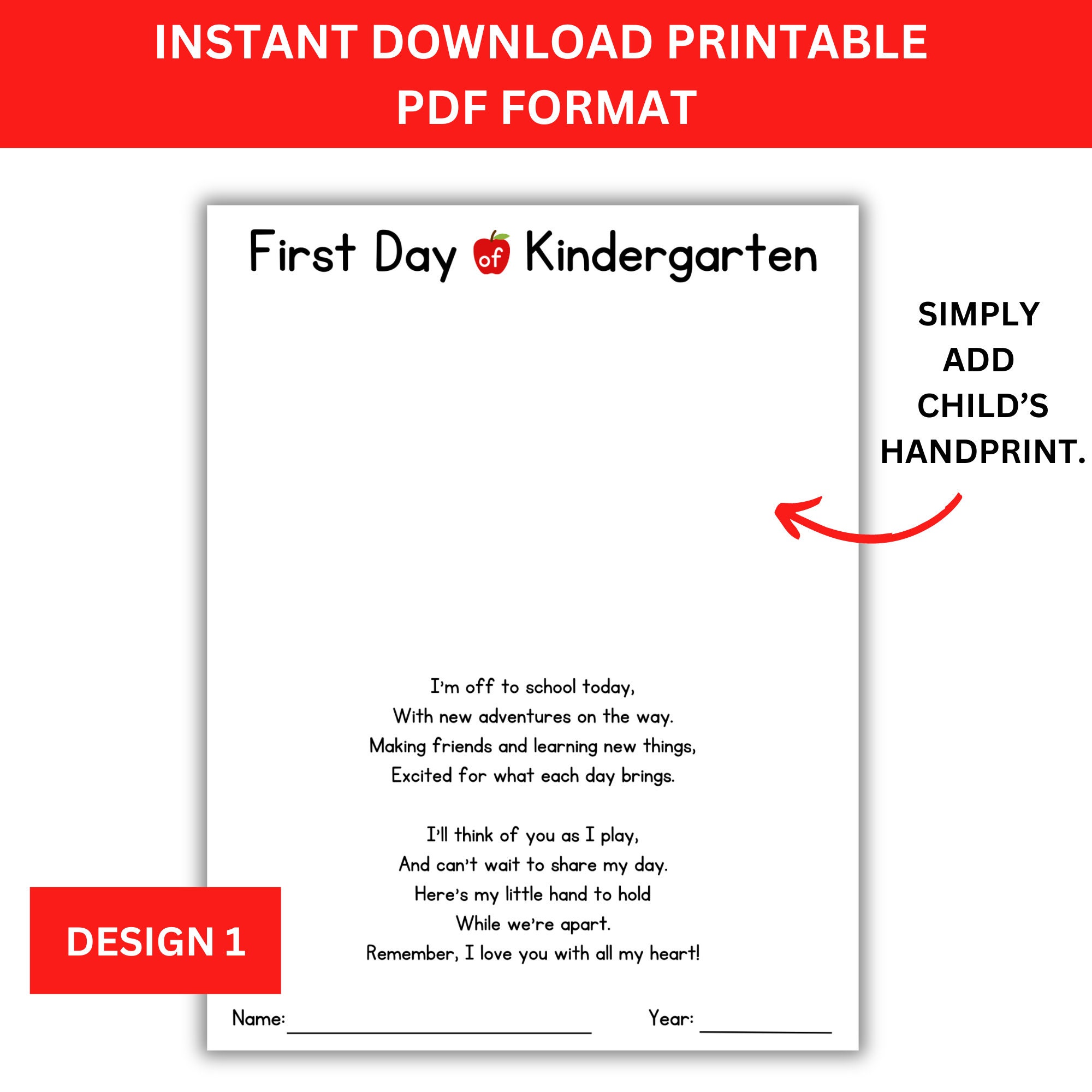 Kindergarten Handprint Art: First Day Keepsake Poem (digital Download ...
