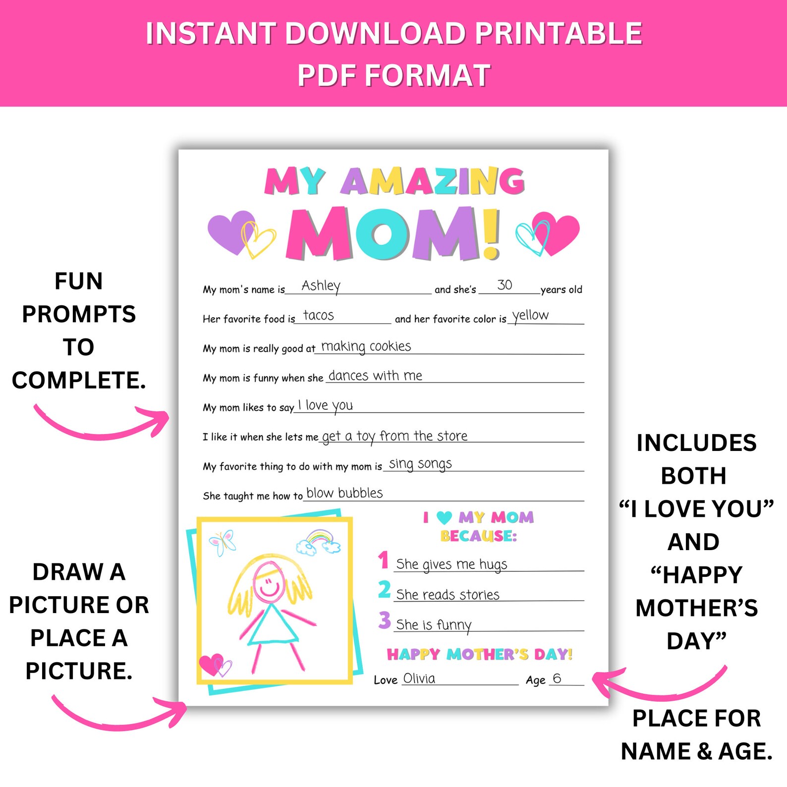Mother's Day Fill-in Printable Bundle: Mom, Grandma, Aunt (PDF Download ...