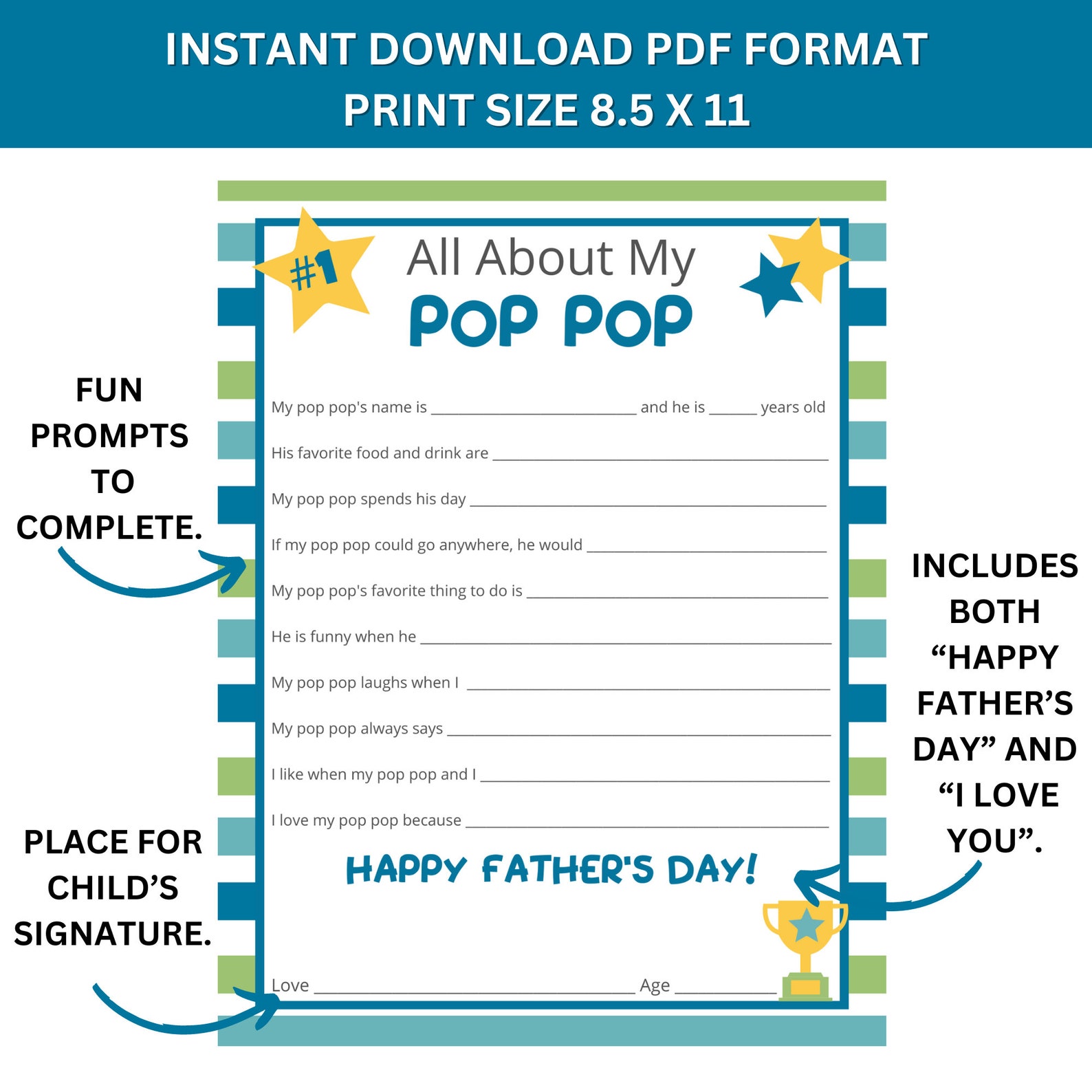 Pop Pop Father's Day Printables: Handprint Art, Certificate (PDF) - Etsy