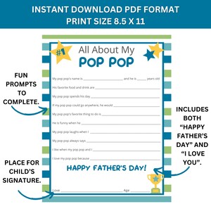 All About My Pop Pop Printable - Father's Day Gift - Instant Download ...