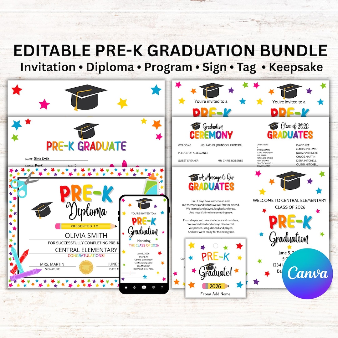 Editable Pre-k Graduation Bundle: Invitation, Diploma, Program (canva ...