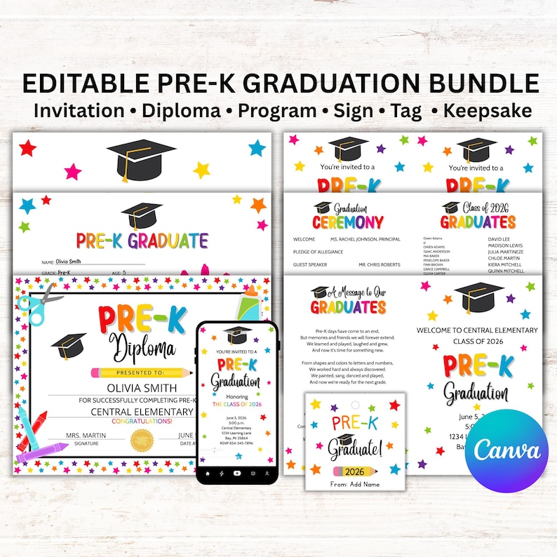 Editable Pre-k Graduation Bundle: Invitation, Diploma, Program (canva ...
