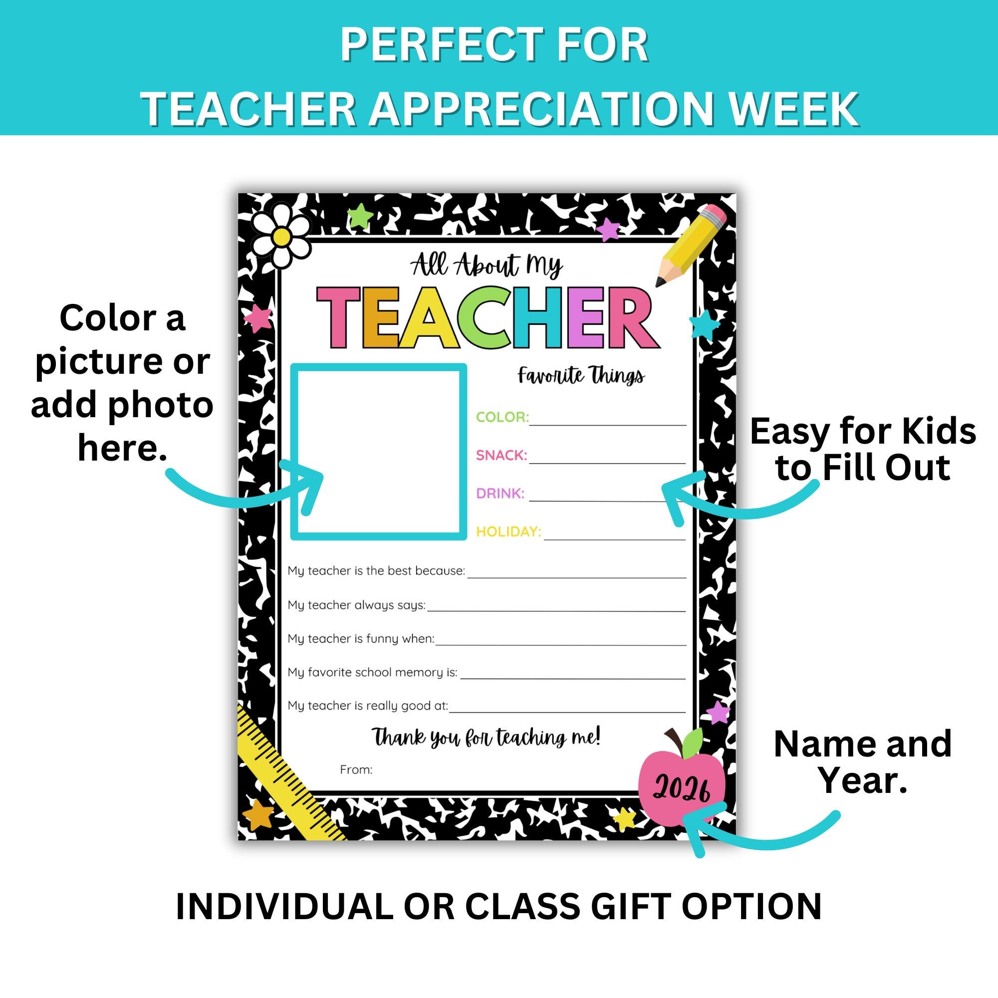 All About My Teacher Printable | Appreciation Worksheet | End of Year ...