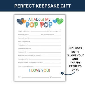 Father's Day Gift All About My Pop Pop Printable, Birthday Gift for ...