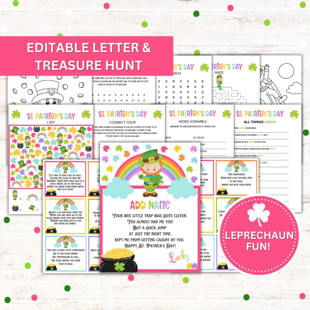 St. Patrick's Day Printable Bundle Pink Leprechaun Letter, Scavenger ...