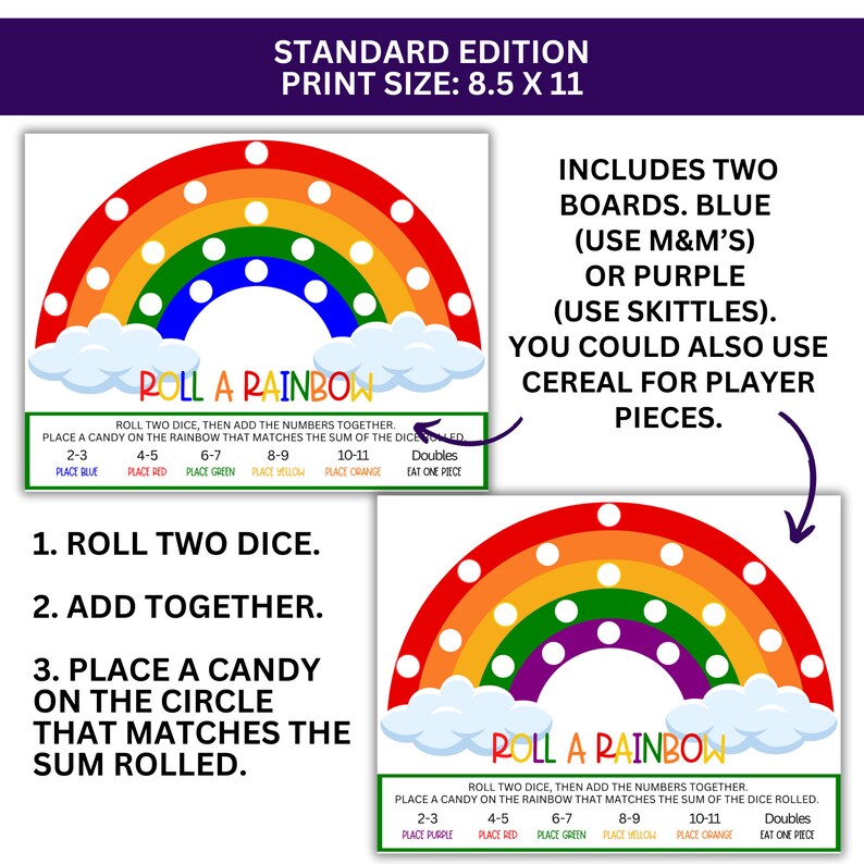 Printable Kid Games, Roll A Rainbow, Party, Family Game Night, Instant ...