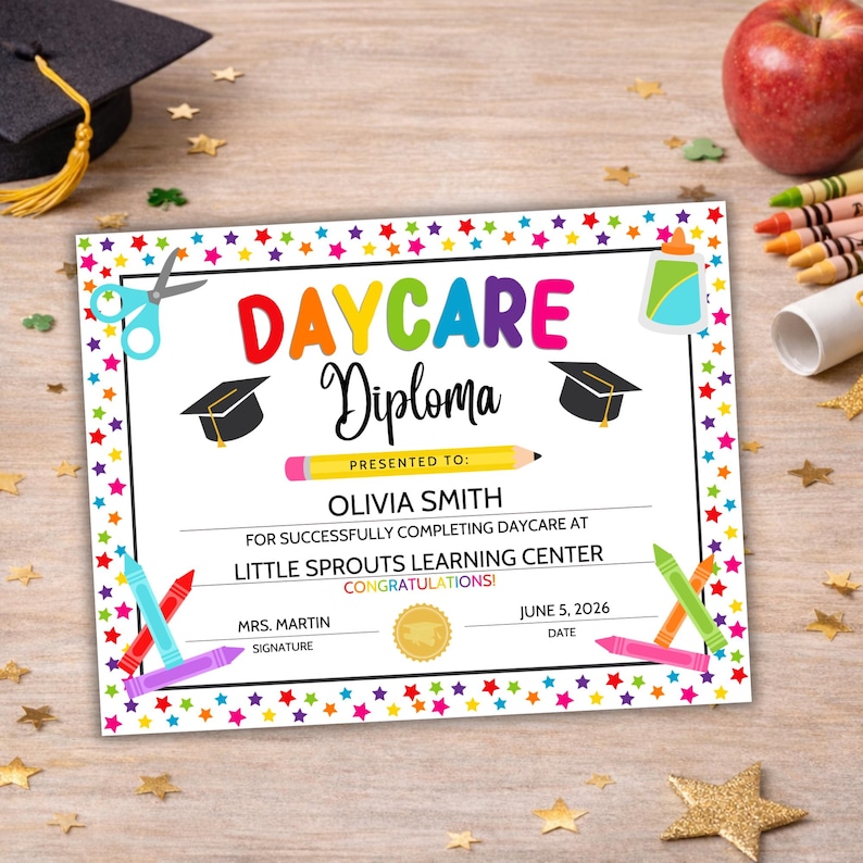 Editable Daycare Graduation Diploma Template, Preschool Certificate ...