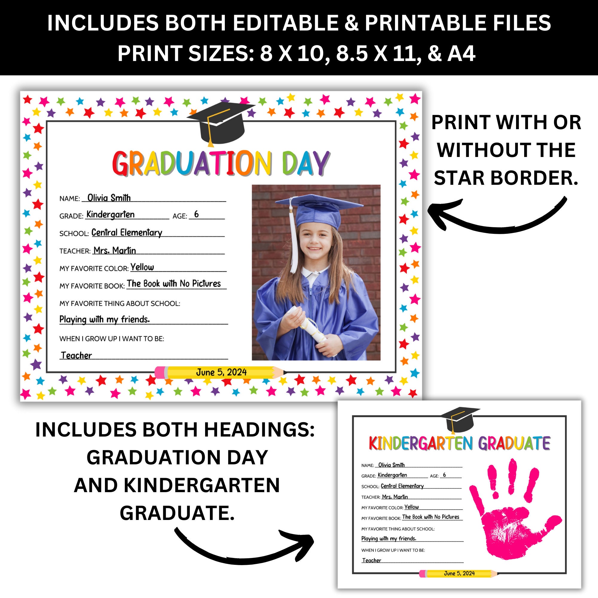 Kindergarten Graduation Keepsake: Handprint Art, Printable & Editable ...
