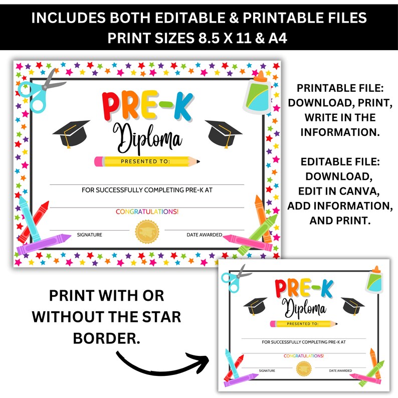 Editable Pre-k Graduation Diploma: Keepsake & Sign (digital Download ...