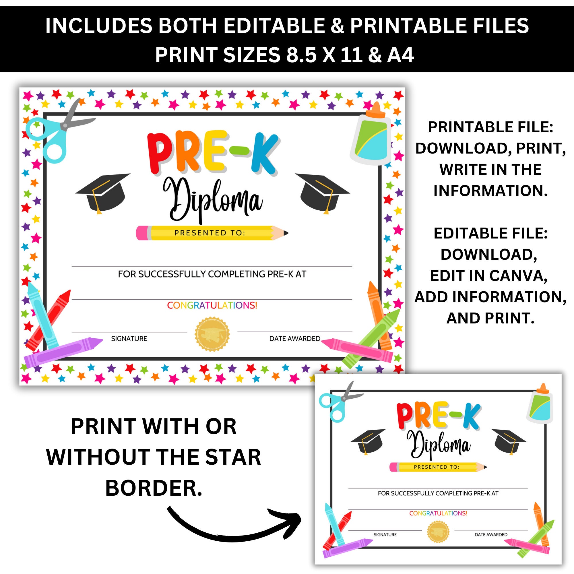 Editable Pre-k Graduation Diploma: Keepsake & Sign (digital Download ...