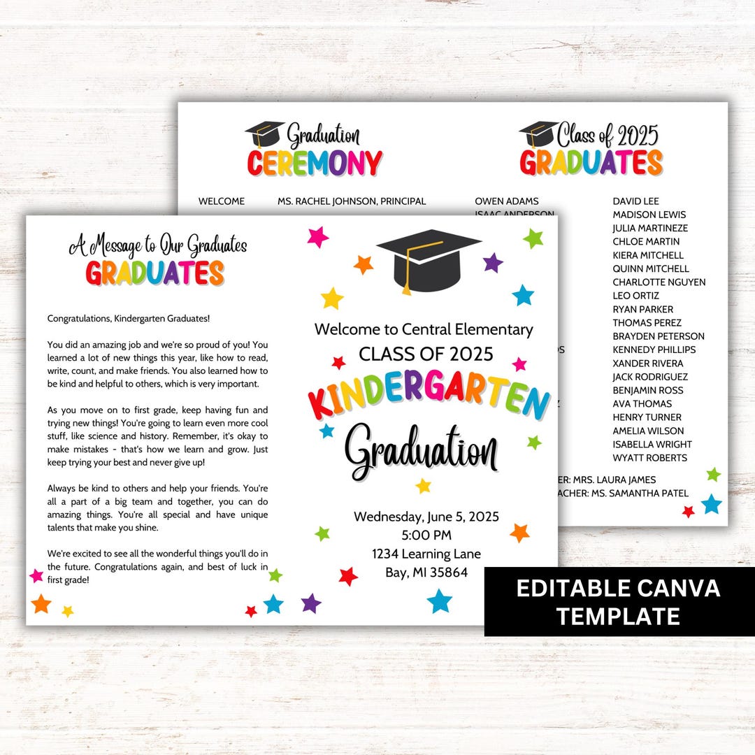 Editable Kindergarten Graduation Program, Canva Template, Instant ...