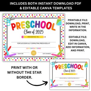 Editable Preschool Graduation Certificate: Class of 2025 (printable PDF ...
