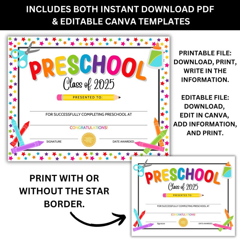 Editable Preschool Graduation Certificate: Class of 2025 (printable PDF ...