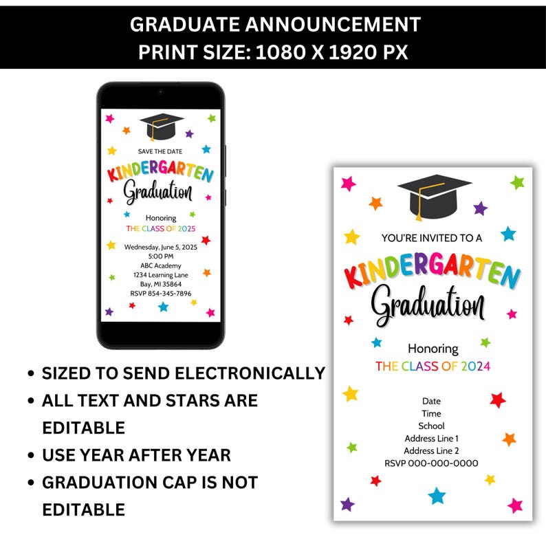 Editable Kindergarten Graduation Invitation, Canva Template, 8.5x11 ...