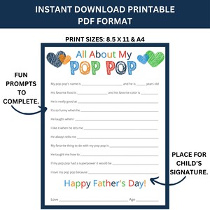 Father's Day Gift All About My Pop Pop Printable, Birthday Gift for ...