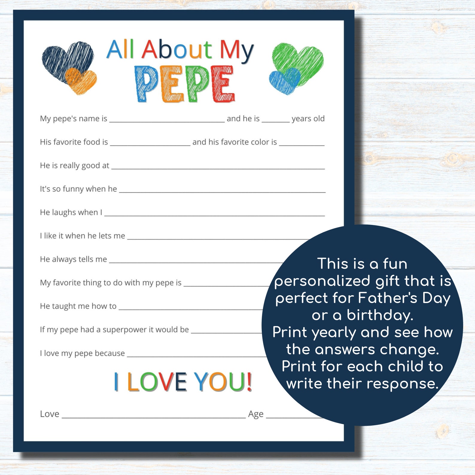 Father's Day Printable All About My Pepe Father's - Etsy UK