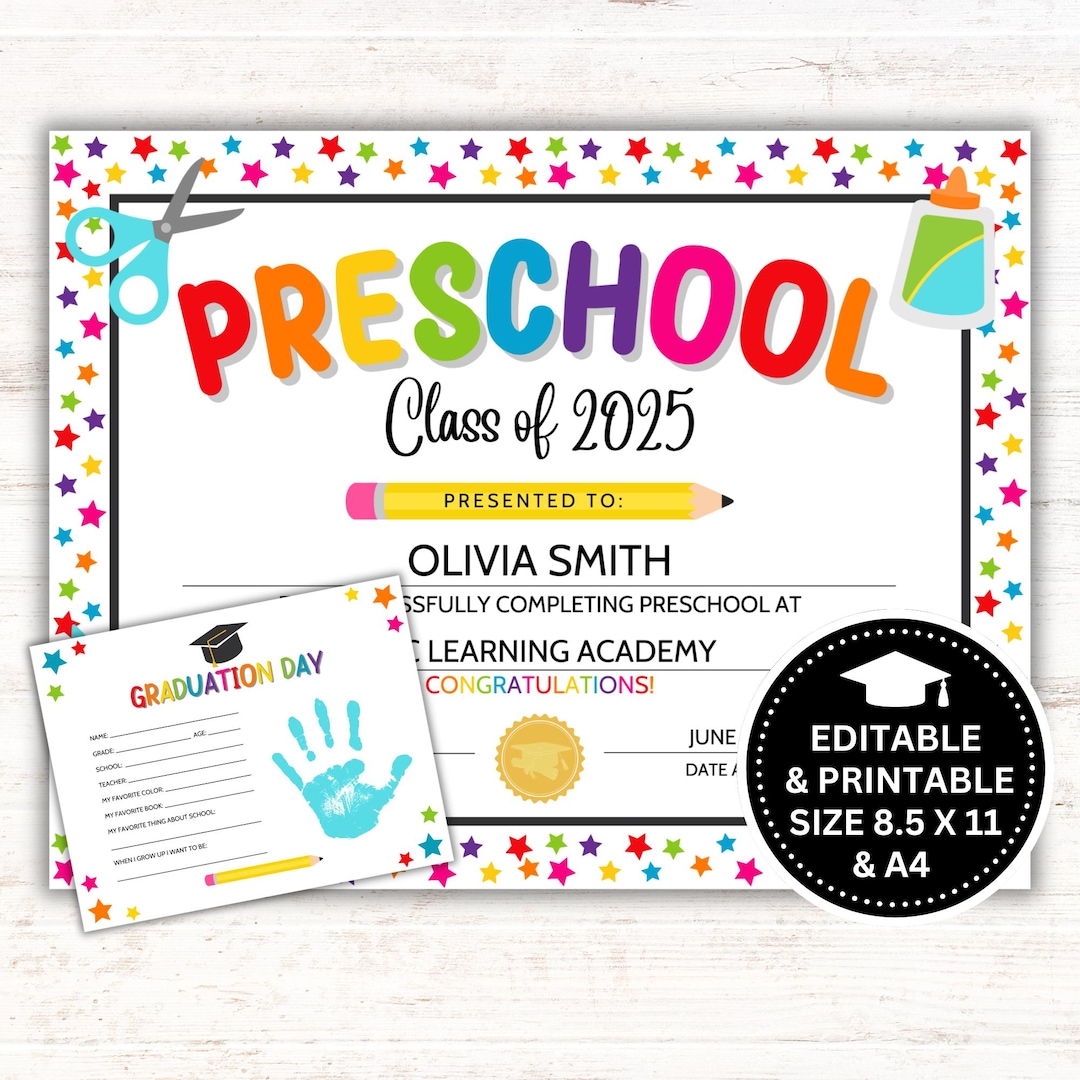 Editable Preschool Graduation Certificate: Class of 2025 (printable PDF ...