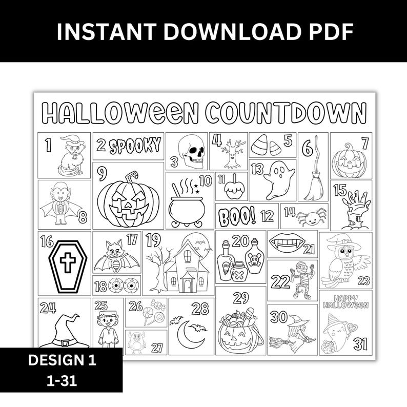 Halloween Countdown Coloring Page: Printable Advent Calendar (PDF ...