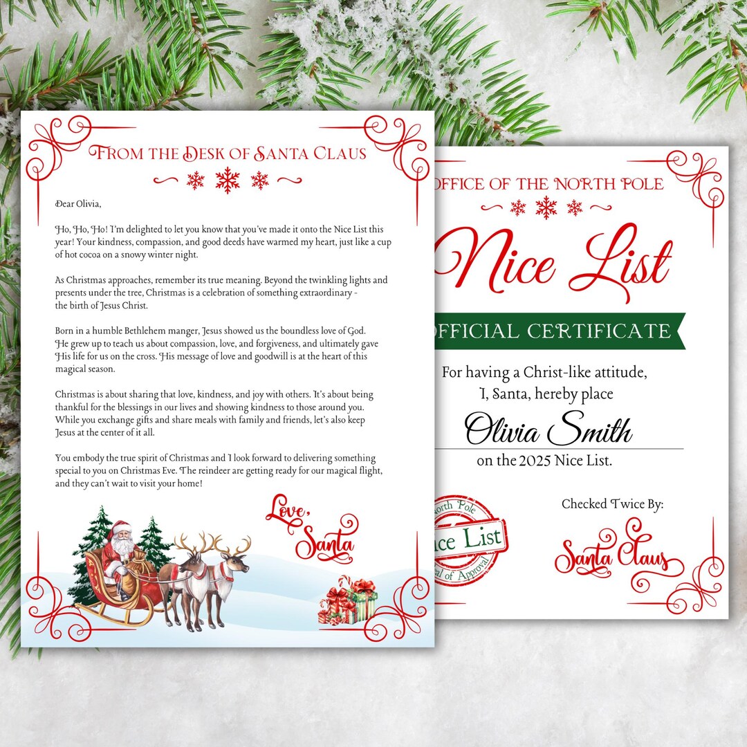 Personalized Letter From Santa & Nice List Certificate - Christian ...