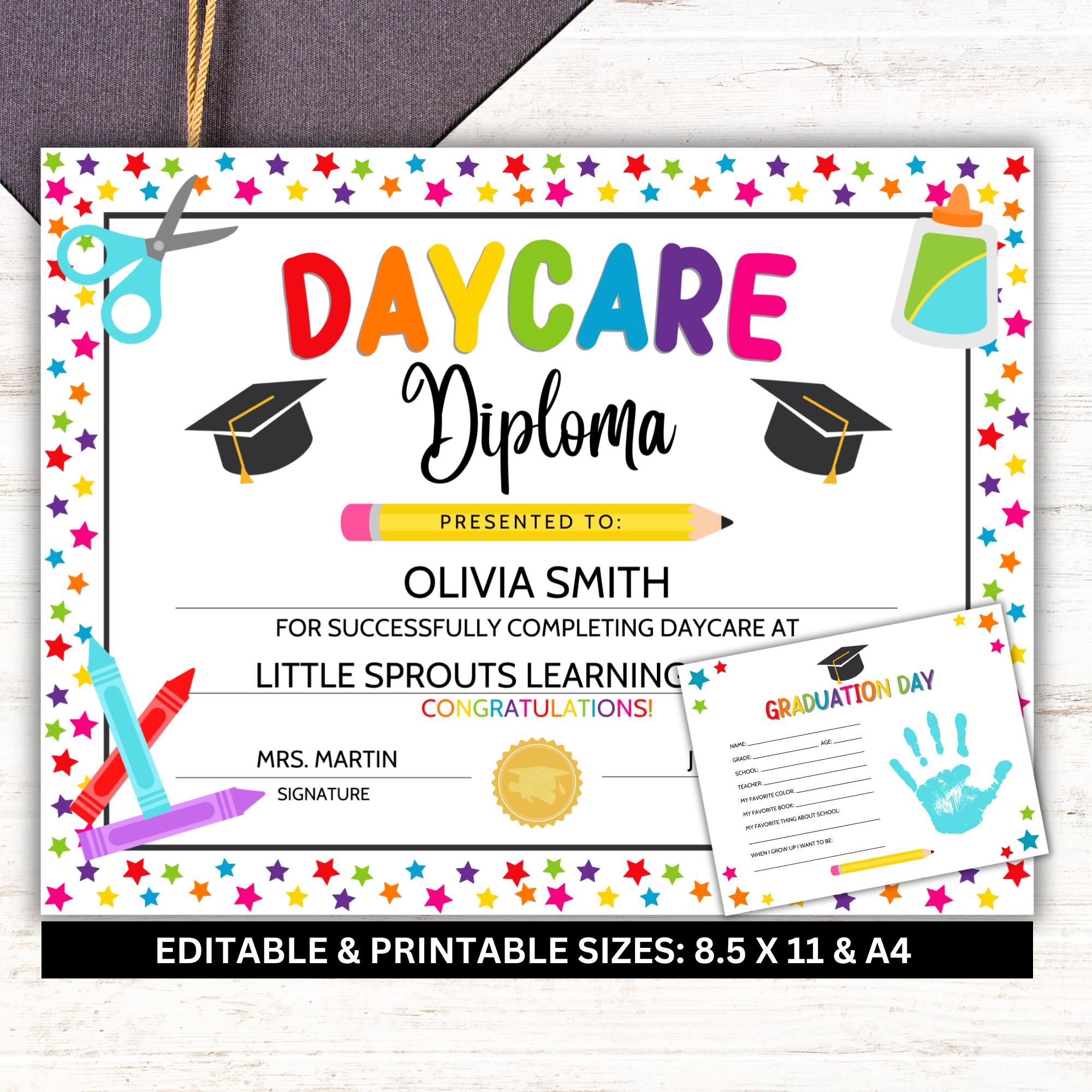 Daycare Graduation Diploma, Editable Daycare Certificate, Instant ...