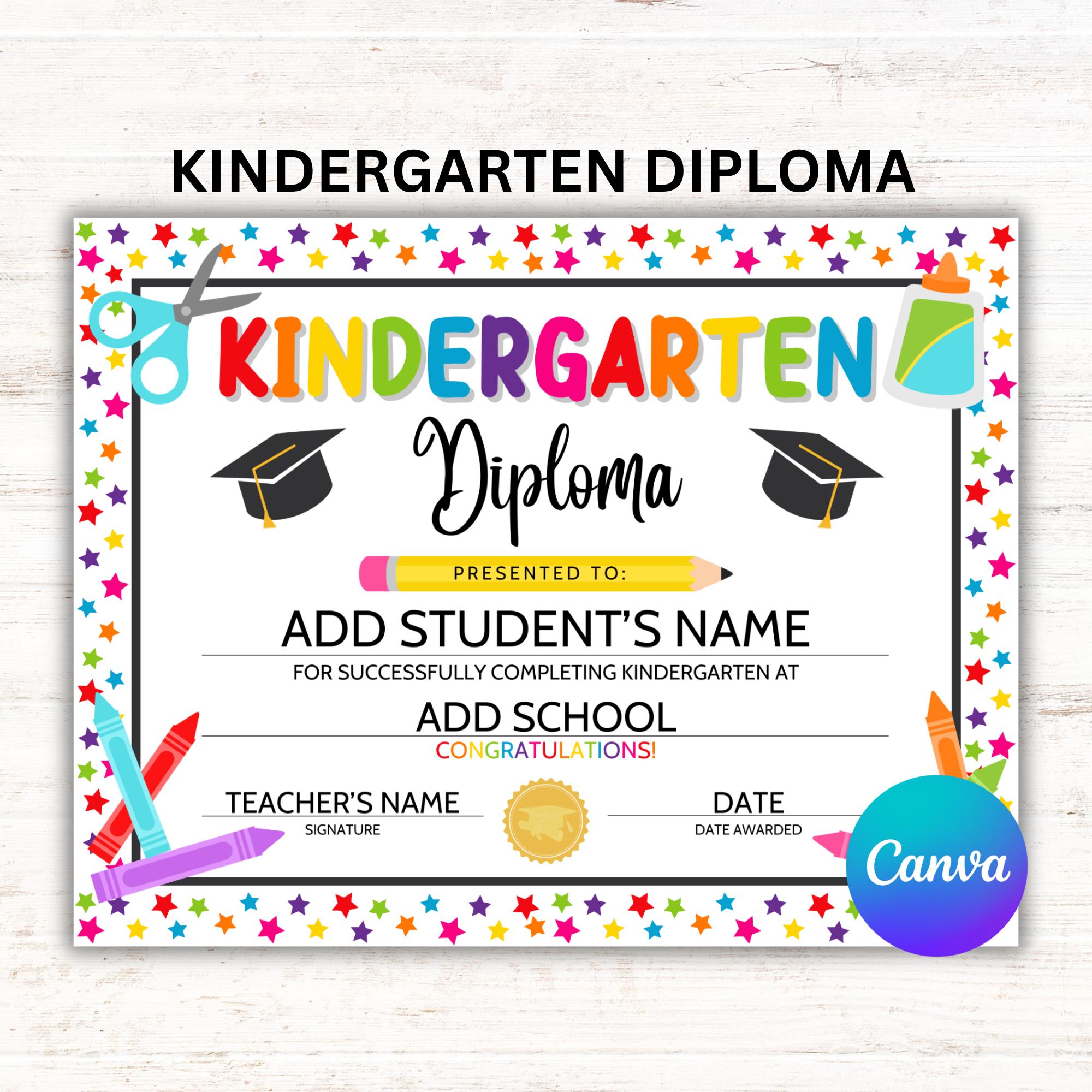 Editable Kindergarten Diploma, Printable Graduation Keepsake (instant ...