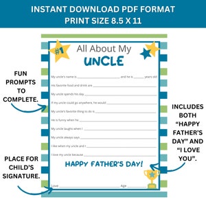 All About My Uncle Printable Father's Day Gift Instant Download PDF ...