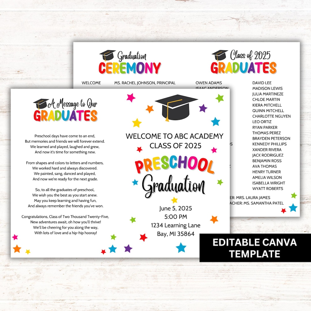 Editable Preschool Graduation Program: Canva Template (instant Download ...