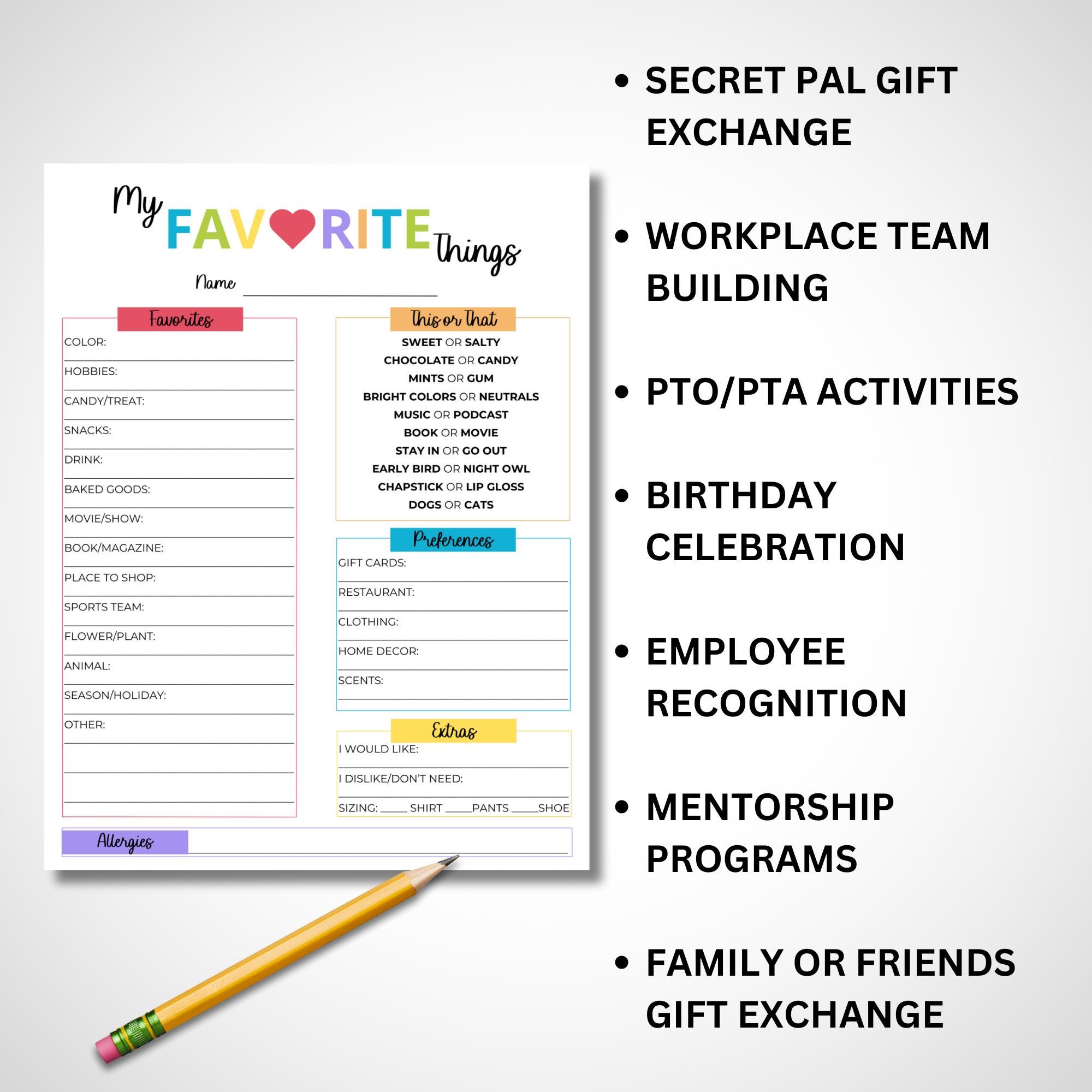 My Favorite Things Printable Questionnaire: Teacher & Team Building ...