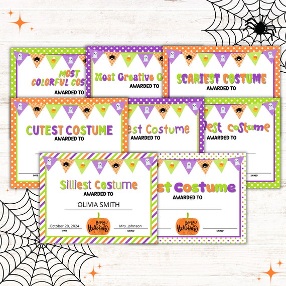 Costume Contest Printable Certificates Halloween Award Certificates,