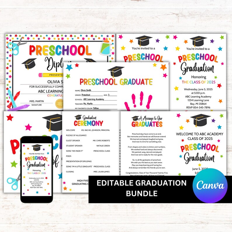 Editable Preschool Graduation Invitation & Program Templates (canva ...