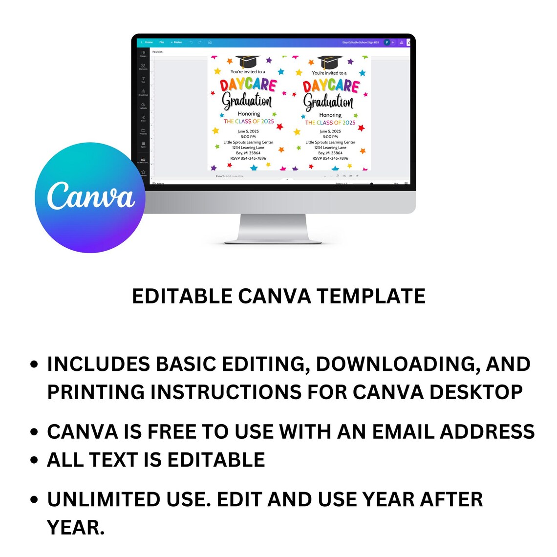 Editable Daycare Graduation Invitation, Canva Template, 8.5x11 & A4 ...