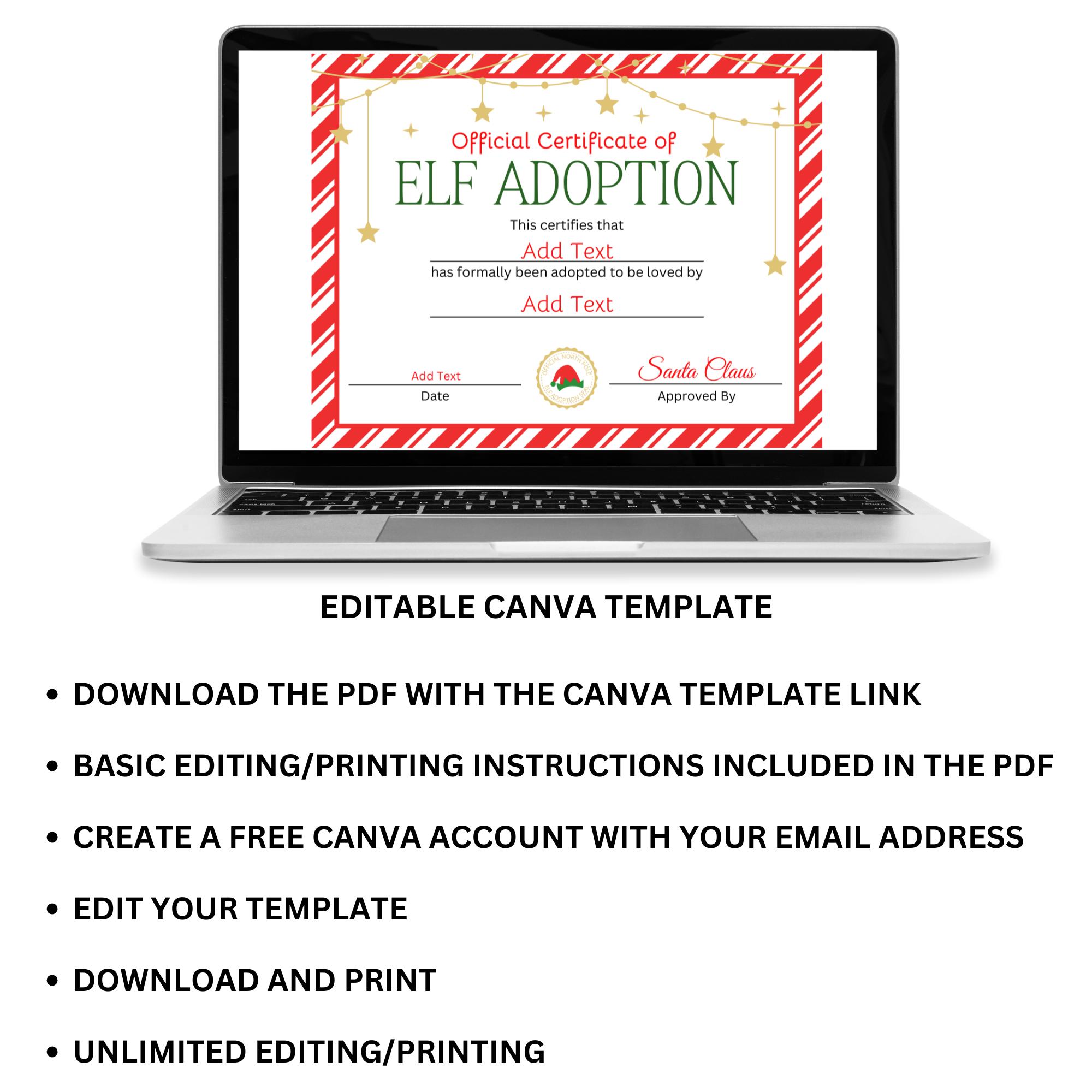 Editable Elf Adoption Certificate: Instant Download PDF, Printable ...