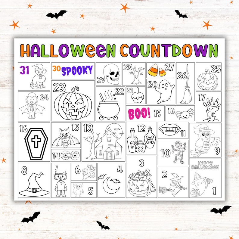 Halloween Countdown Coloring Page: Printable Advent Calendar (PDF ...