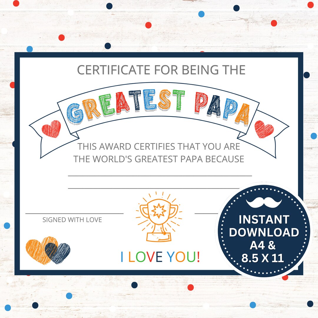 Printable Greatest Papa Certificate - Instant Download PDF - Father's ...