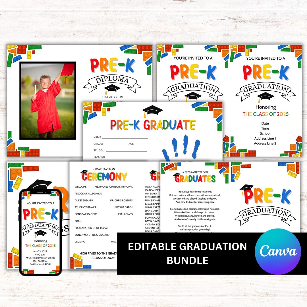 Pre-k Graduation Editable Bundle, Graduation Diploma, Invitation ...
