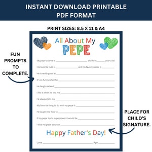 Father's Day Gift All About My Pepe Printable| Grandpa's Birthday ...