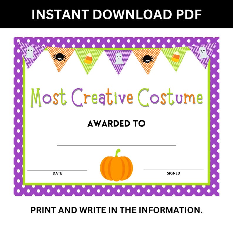 Halloween Costume Award Printable, Costume Contest Certificate ...