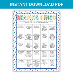 Reading Bingo Printable | Fun Reading Challenge for Kids | Instant ...
