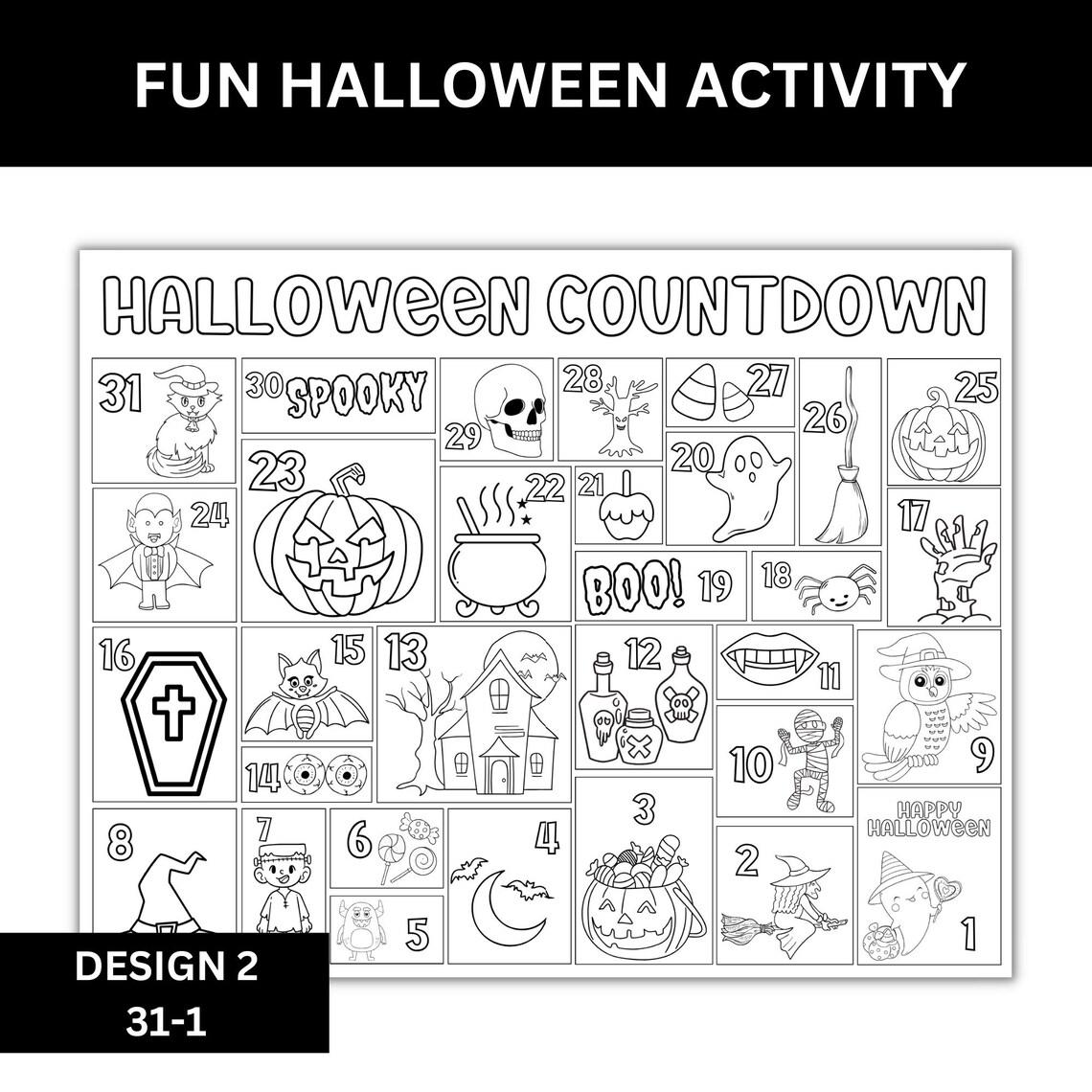 Halloween Countdown Coloring Page: Printable Advent Calendar (PDF ...